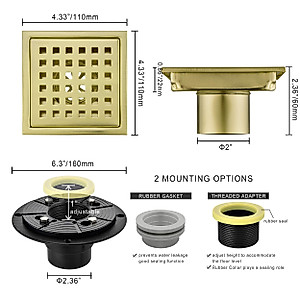 Orhemus 4 Inch Square Shower Drain with Adjustable Shower Drain Base Flange, SUS 304 Stainless Steel Floor Drain with Removable Cover Grid Grate, Brushed Gold Brass Finished