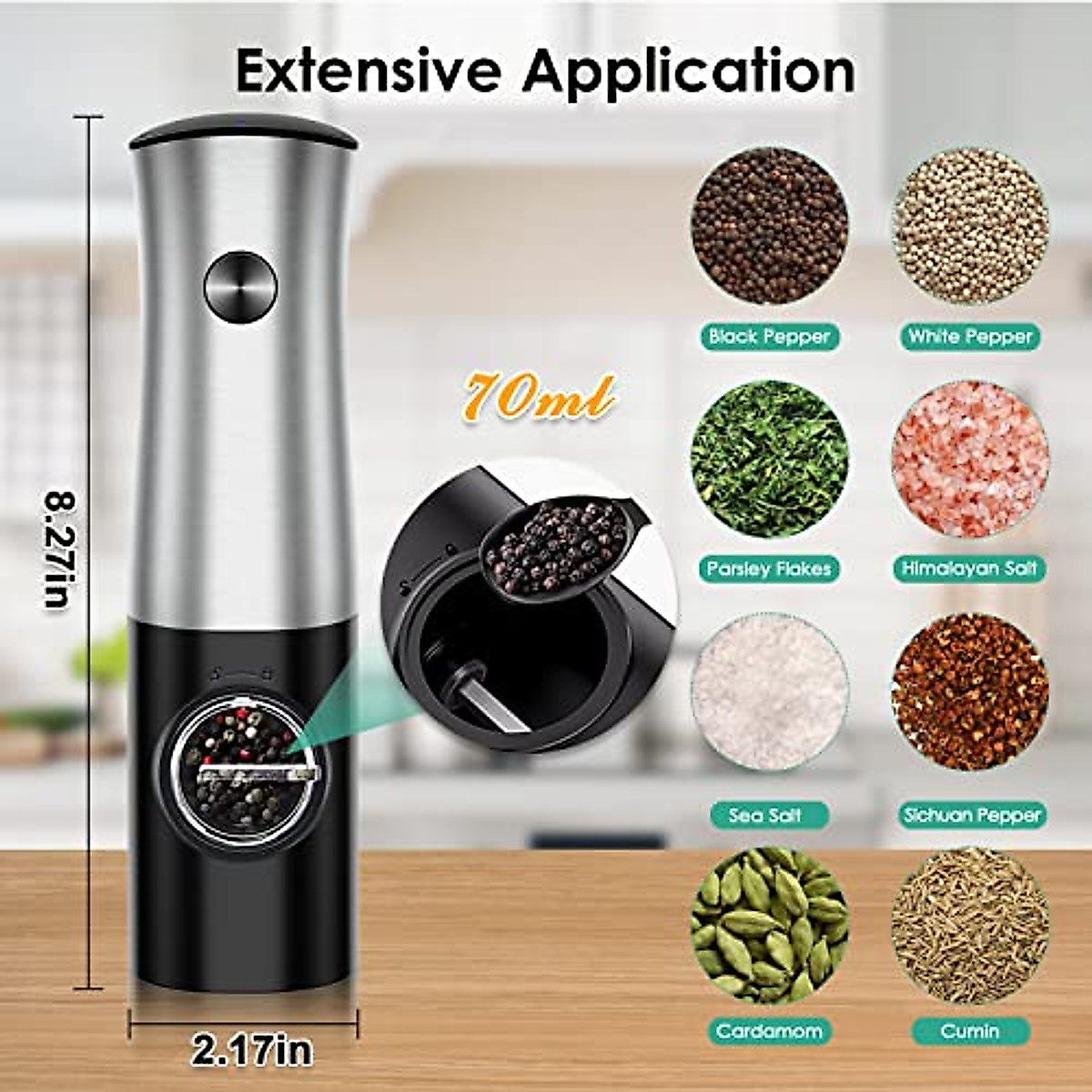 Electric Salt and Pepper Grinder Set Rechargeable, Automatic Salt and Pepper Grinder Set, Light up Salt and Pepper Shakers Set Adjustable Coarseness One Handed Opperation, Black(2 Pack)