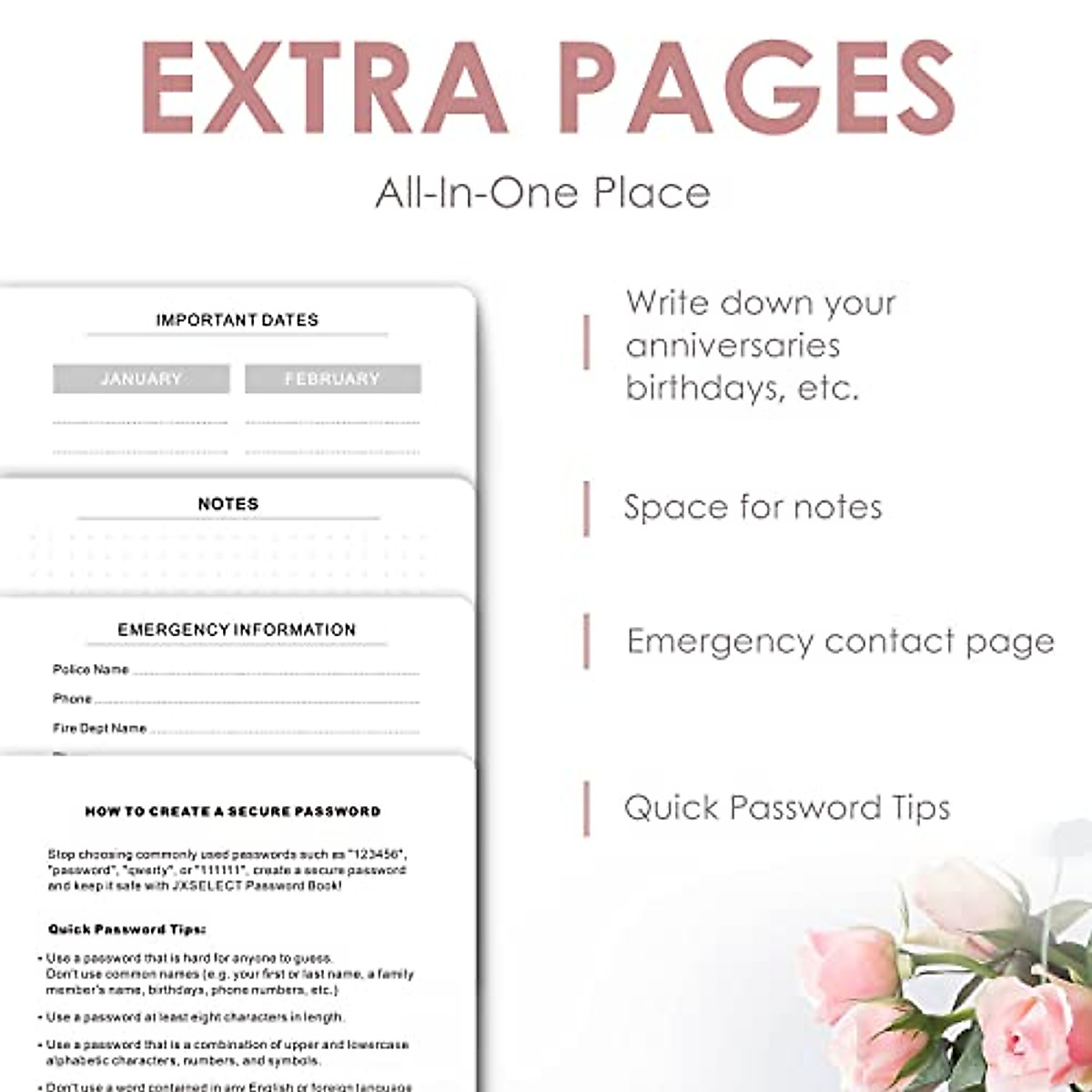 JXSELECT Elegant Address Book with Alphabetical Tabs, Hardcover Address Log Book & Password Keeper, with Contacts, Phone Numbers, Birthdays, Anniversaries and Notes Section (5.2x7.7") (Rose Gold)