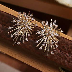 Sonateomber Firework Flower Big Gold Statement Stud Earrings for Women, Trendy Sparkly Rhinestone Cubic Zirconia Burnt Star Unique Hypoallergenic Wedding Bridal Fashion Jewelry Gifts