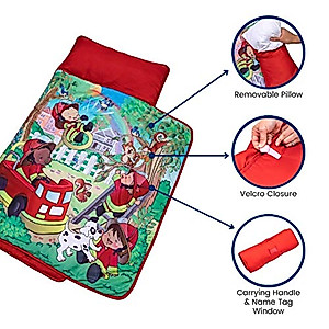 Baby Titi - Toddler Nap Mat with Removable Pillow, Carrying Handle and Strap Closure, Rollup Design, Soft Microfiber for Preschool, Daycare, Travel Sleeping Bag - Ages 2-4 Years (Firefighters)