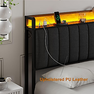 SAVOLIFE LED King Size Upholstered Headboard with Charging Station, King Storage Headboard Only, Attach Frame Height Adjustable, Grey Linen Upholstery