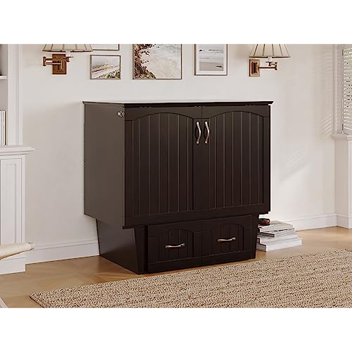 AFI, Nantucket Twin Murphy Bed Chest with Mattress, Storage Drawer and Built-In USB Charger, Espresso
