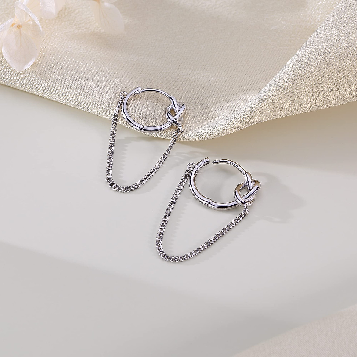 SLUYNZ 925 Sterling Silver Punk Chain Small Hoop Earrings for Women Men Teens Minimalist Hoop Earrings Tassel (A-Silver)