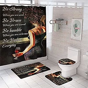 Byitre 4PCS Shower Curtain Set with Rugs,Toilet Lid Cover and U-Shaped Mat,African American Shower Curtains for Bathroom Waterproof Polyester Black Women Bathroom Sets, 71''x71'' (QY005Redwine woman)