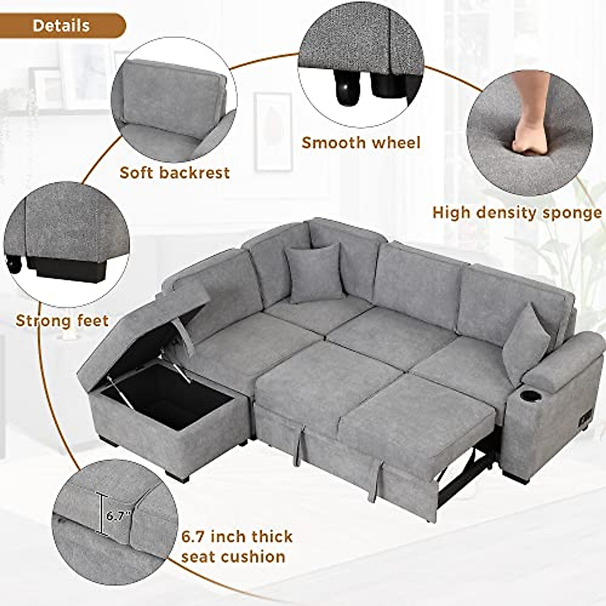 Melpomene Sectional Sleeper Sofa with Pull-Out Bed and Storage Ottoman, Modern L-Shape Couch w/USB Port and Cupholder,Grey