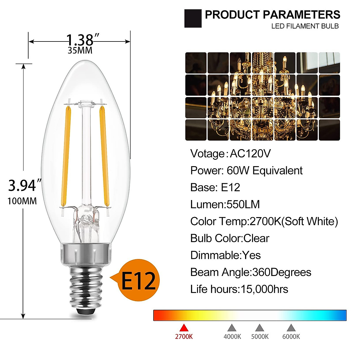 Energetic B11 E12 Candelabra LED Bulbs 60 Watt Equivalent, Dimmable LED Chandelier Light Bulbs, Soft White 2700K, 550LM, Decorative Candle Base Filament Bulb, UL Listed, 12 Pack