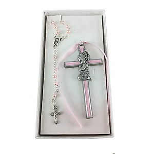 Girl Crib Cross and Rosary set Cross is 3 1/2 inches great baptism christening gift keepsake gift