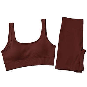 BUSCANDO Yoga Workout Outftis Sets for Women 2-Piece Shorts-Seamless Ribbed High Waist Athletic Leggings+Sports Bra Gym Clothes Sets (Brown, l)