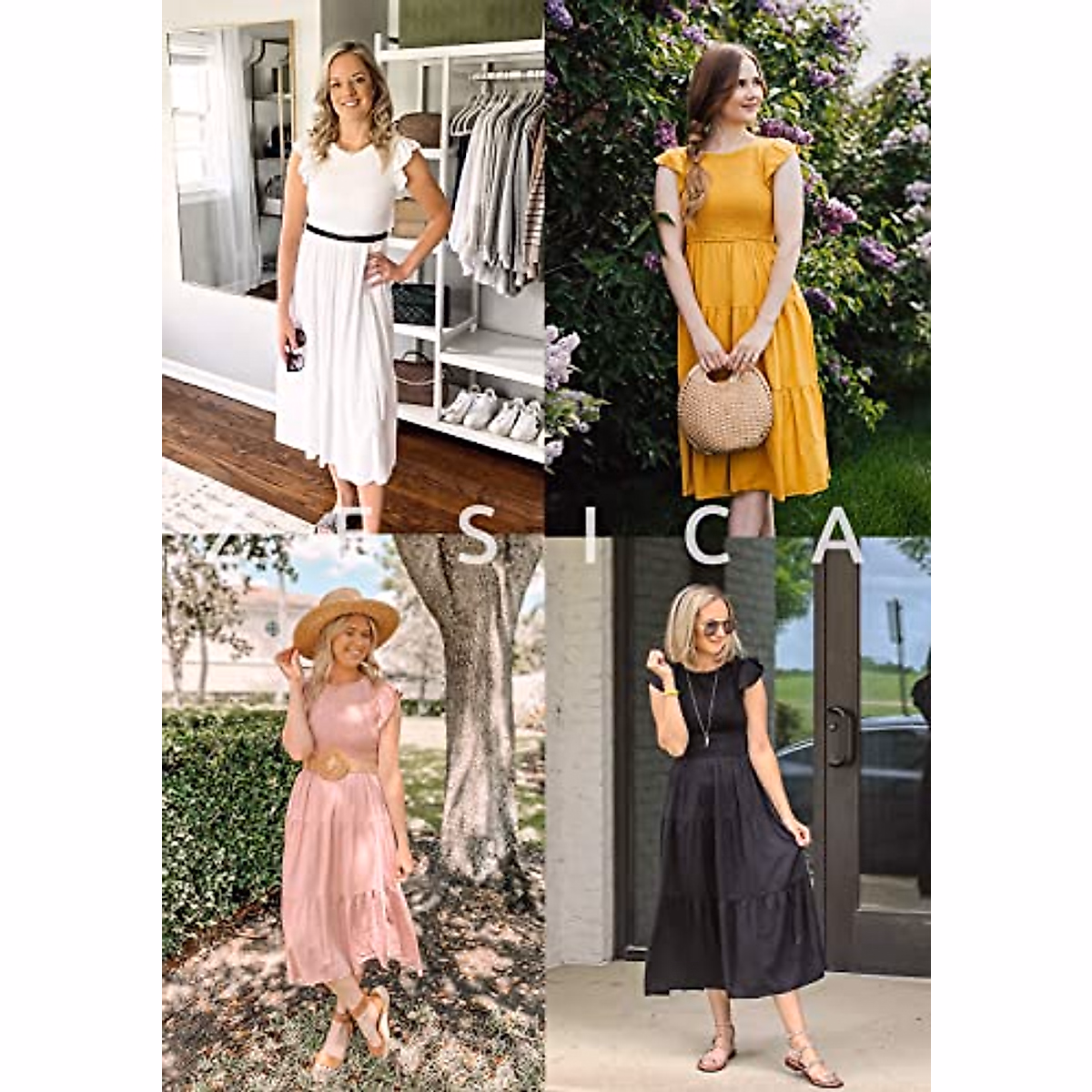 ZESICA Women's 2023 Summer Casual Flutter Short Sleeve Crew Neck Smocked Elastic Waist Tiered Midi Dress,Apricot,Large