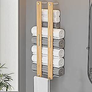 CJAID Towel Racks for Bathroom Wall Mounted, Bamboo Towel Holders with Hooks, Large Capacity Bathroom Towel Storage, Bath Towel Holder, Wall Towel Storage Rack Shelf for Rolled Towels.