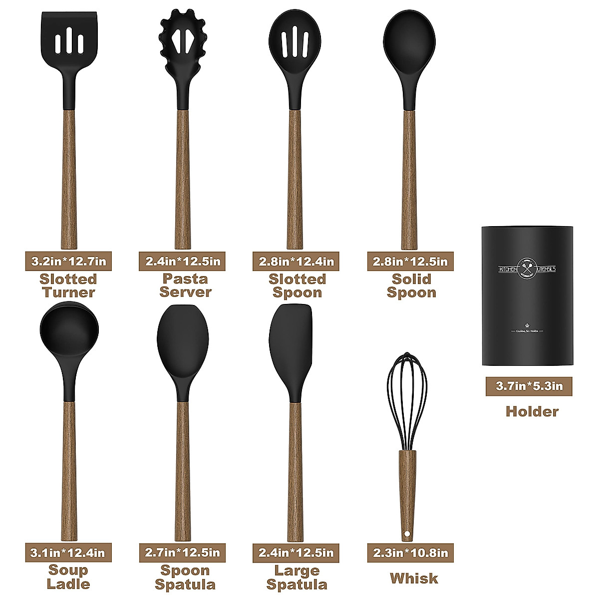 Silicone Kitchen Cooking Utensil Set, 9Pcs Kitchen Utensils Spatula Set with Wooden Handle for Nonstick Cookware, 446°F Heat Resistant Silicone Kitchen Gadgets Utensil Set with Large Holder（Black）