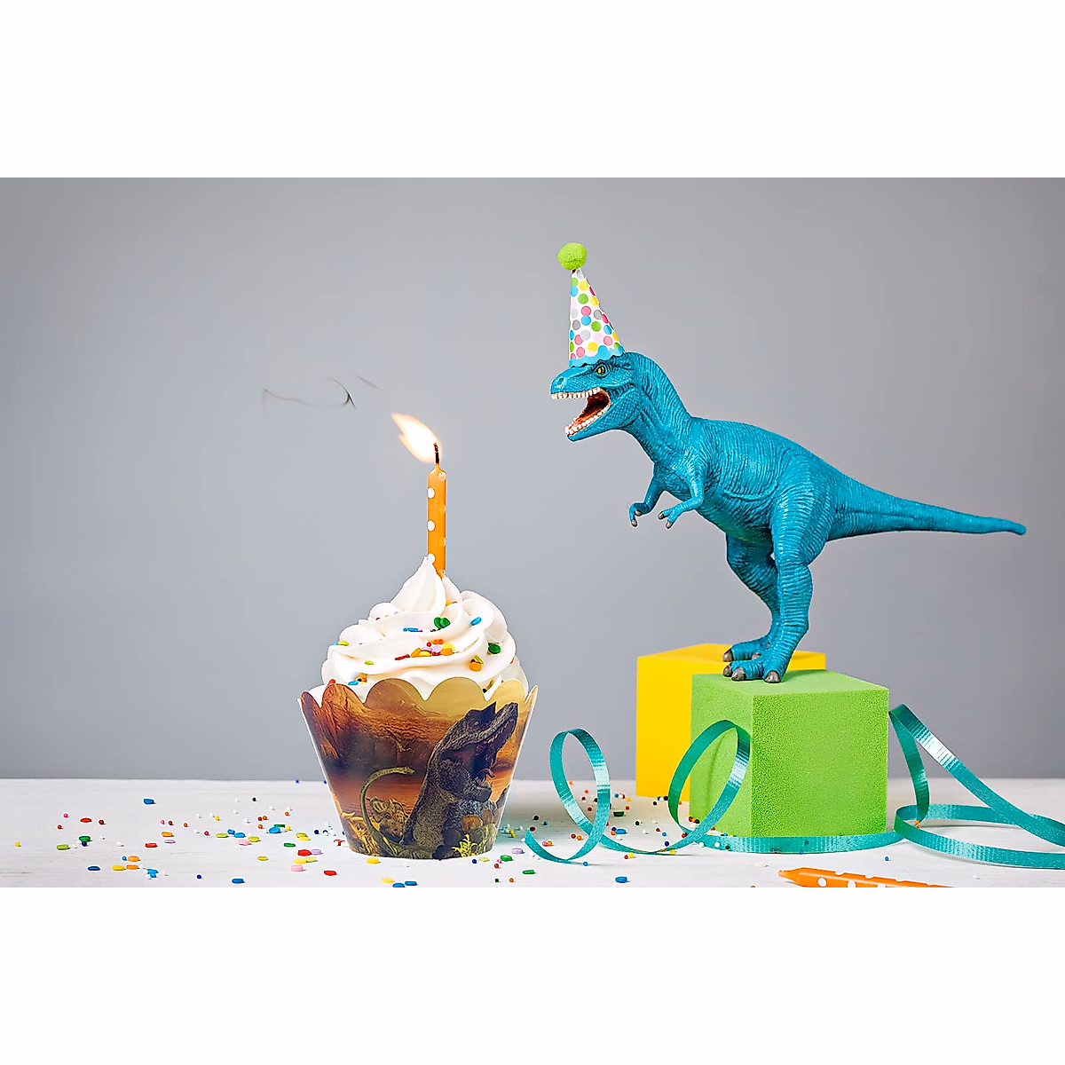Dinosaur Cupcake Toppers and Wrappers 48 pcs Jurassic Park Cupcake Toppers for Dinosaur Themed Birthday Party