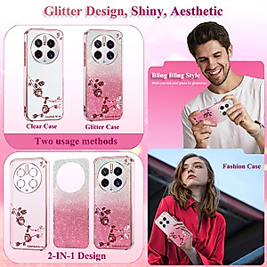Yarxiawin for Huawei Mate 50 Pro Case Clear Glitter Sparkle Aesthetic Huawei Mate 50 Pro Phone Case Silicone Soft Flower Transparent Shockproof Cover Purple Slim (Pink)
