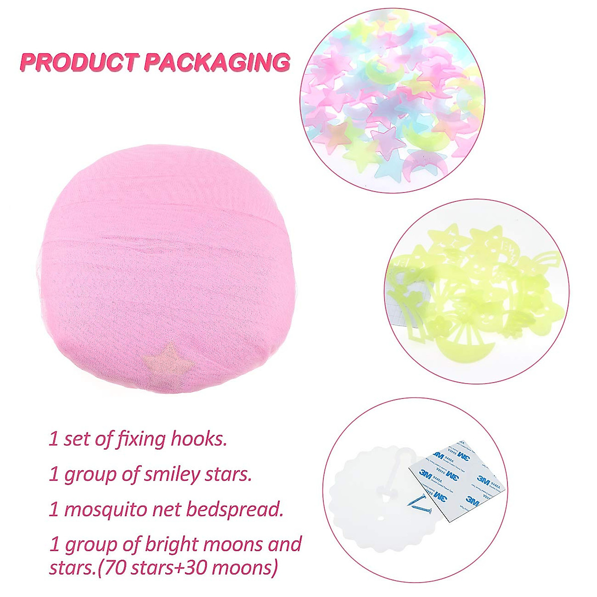 LokSuntec Bed Canopies for Girls Glow in The Dark Stars and Moon Princess Mosquito Net Crib Hanging Tent Bedroom Decoration for Kids Teen Girls Pink