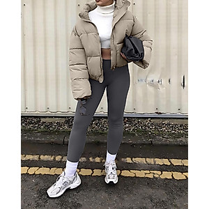 URMOSS Women's 2024 Winter Cropped Puffer Jacket Long Sleeve Stand Collar Oversize Lightweight Zip Up Short Down Coat with Pockets(Khaki,M)