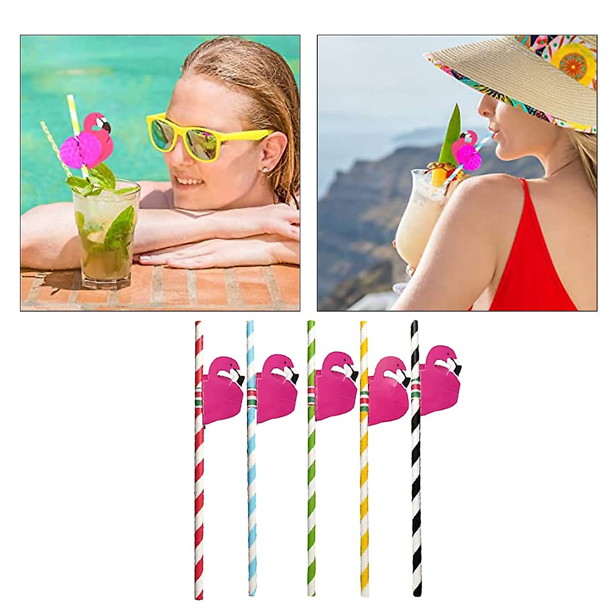 50 Pcs Flamingo Paper Straws Fashion 3D Cocktail Decorative Straws Stripe Paper Hawaiian Straws for Theme Party