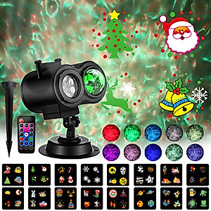 Holiday Halloween Valentine Party Christmas Diwali Projector Light (Indoor Outdoor Waterproof), 16 Slides (4 Pictures Each), 10 Wave Effects, Remote Control (Power Timer Speed Flash), 3 Mounting Ways