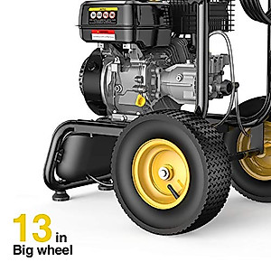 BLUBERY 3500PSI Gas Pressure Washer, 13'' Pneumatic Anti-Skid Tires, 50FT Hose&Soap Container, 2.6GPM 212CC Power Washer, 5 Adjustable Nozzles, CARB&EPA CERT
