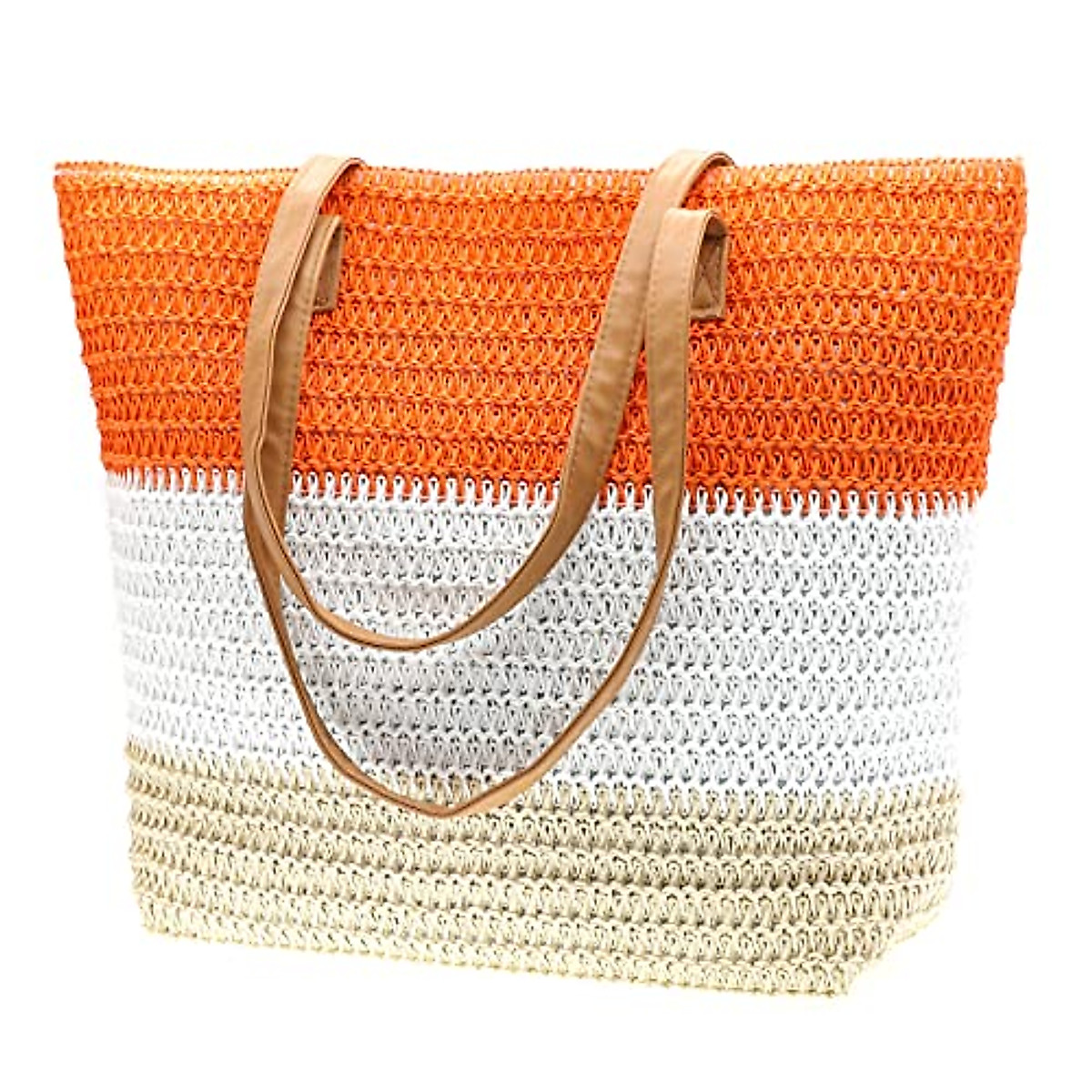 CIOOU Large Straw Tote Bag for Women Rattan Woven Beach Bag Summer Colored Stripe Shoulder Bags (orange beige nature bag totes)