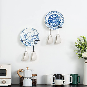 MyGift Wall Mounted Matte Black Metal Plate Display Rack with Hanging Hooks for Teacups and Mugs, Decorative Plate Holder Stand with Cup Hooks, Set of 2