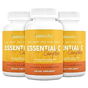 Paleovalley Essential C Complex - Vitamin C Supplement for Immune Support - 3 Pack, 450mg - From Organic Superfoods Unripe Acerola Cherry, Camu Camu, Amla Berry - No Synthetic Ascorbic Acid - USA Made