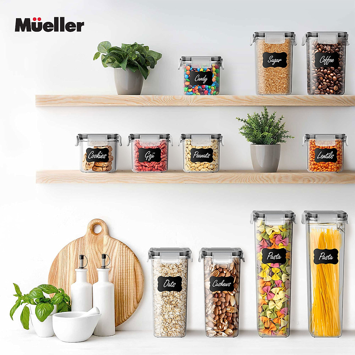 Mueller Airtight Food Storage Container Set with Lids – 24-Piece, Kitchen & Pantry Organization and Storage, Dishwasher, Freezer and Microwave Safe – 24 Labels, 4 Measuring Cups and Marker, Dark Grey