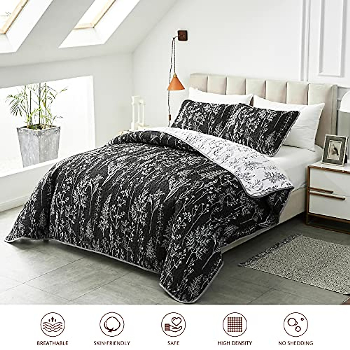 Joyreap 3 Pieces Quilt Set Full/Queen, Black n White Reversible Botanical Design, Smooth Soft Microfiber Quilt, Bedspread Bed Cover for All Season, 1 Quilt and 2 Pillow Shams- 90x90 inches