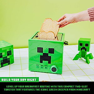 Minecraft Green Creeper 2-Slice Toaster For Bagels, Waffles, and Breads | Features 6 Settings With Defrost Option | Imprints Creeper Symbol On Bread