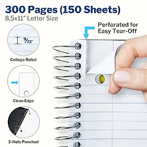 CRANBURY 3-Subject Notebook College Ruled - 300 Pages (150 Sheets) Spiral Notebook 8.5 x 11 with Pockets, Dividers, Tabs, Dual Plastic Covers, School Supplies Multi Subject Notebook