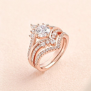 SHELOVES Vintage Crown Shape Wedding Engagement Ring Sets Rose Gold Sterling Silver Chevron Stacking Band Sz 8