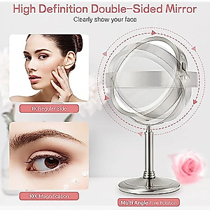 VESAUR 8" Rechargeable Lighted Makeup Mirror, 1X/10X Magnifying Mirror with 3 Colors 50 LED Lights, Touch Screen Brightness Adjustable, Removable Travel Vanity Mirror 360° Rotation, Senior Nickel