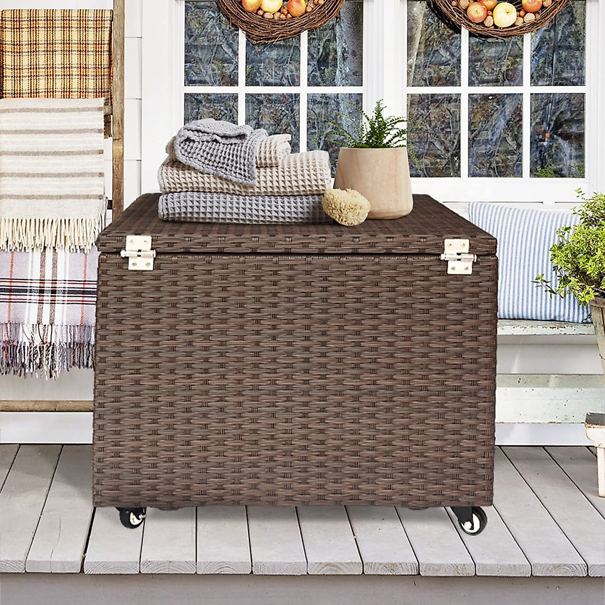 hadantto Outdoor Patio Wicker Large Storage Container Deck Box - All-Weather Resin Rattan, Antirust Aluminum Frame, Holds up to 330lbs