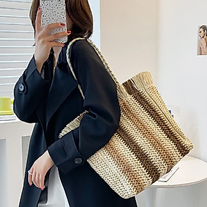 QTKJ Hand-woven Soft Large Straw Shoulder Bag with Tassels and Zipper Boho Straw Handle Tote Retro Summer Beach Bag Rattan Handbag (Beige)