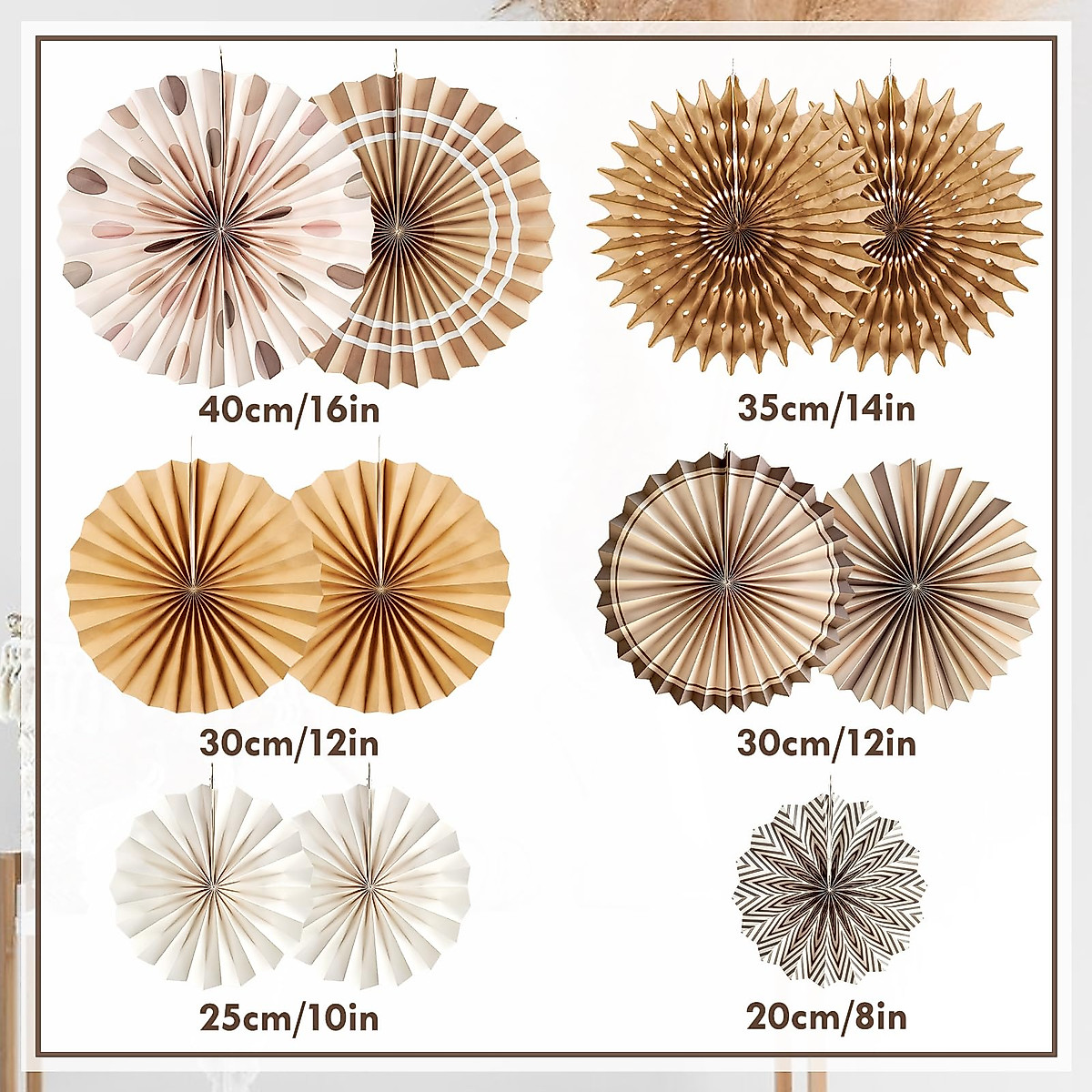 Easy Joy Boho Hanging Paper Fans White Brown Champagne Party Decorations Neutral Rustic Paper Fans Classroom Decoration for Baby Shower Birthday Wedding Bridal Party