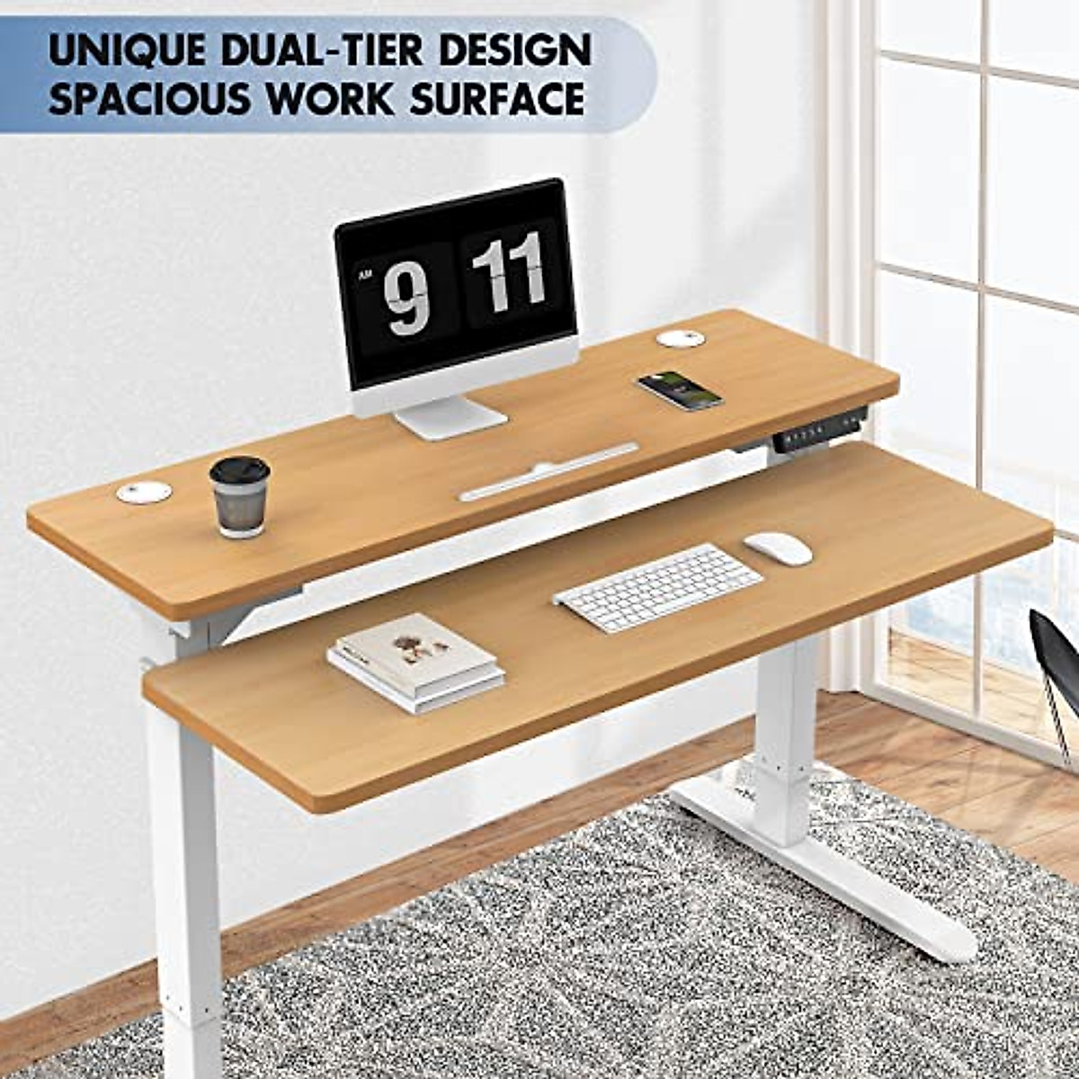 AIMEZO Split Top Electric Standing Desk Dual Motor Height Adjustable Desk Mobile Stand Up Workstation with Table Top (Birch Top+White Frame)