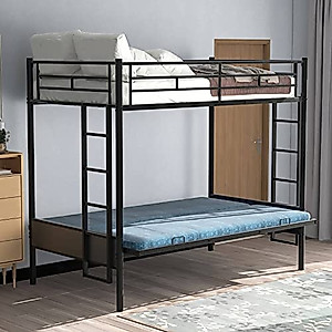 Epinki Twin Over Full Metal Bunk Bed, Multi-Function, Black, Bed Frame, Easy Assembly