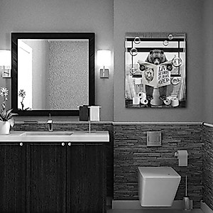 Funny Bears Canvas Wall Art Black and White Pictures Farmhouse Bathroom Wall Decor Bear Sitting in Toilet Reading Newspaper Painting for Toilet Bathroom Animals Artwork Framed 12"x16"