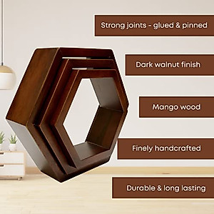 Hexagon Floating Shelves Wooden, Dark Rustic Farmhouse Honeycomb Wall Home Decor Thick Set of 3, Retro Bathroom Bedroom Living Room Kitchen Storage