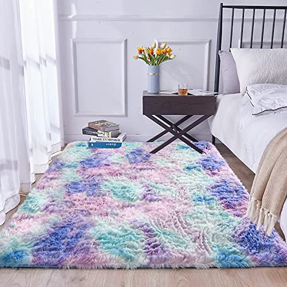 A Nice Night Shaggy Fluffy Faux Fur Area Rug Door Mat,Tie Dye Style,Softest, Luxurious Shag Carpet Rugs for Bedroom, Living Room, Luxury Bed Side Plush Carpets, Rectangle (Light Purple, 3' x 5')