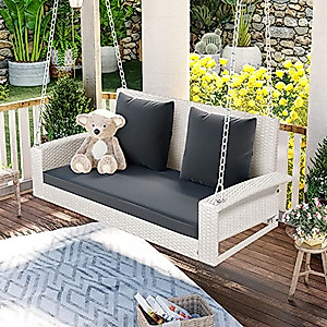 2-Person Patio Porch Swing Bench w/Cushions and Pillows, Outdoor Rattan Swing Chair w/Steel Chains, Wicker Hanging Porch Bench for Deck & Poolside, 50 inch, White with Gray
