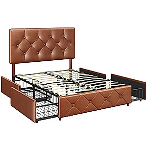 Topeakmart Full Faux Leather Platform Bed Frame with Tufted Adjustable Headboard and 4 Drawers, Upholstered Mattress Foundation, Strong Wooden Slats Support, No Box Spring Needed, Amber Brown