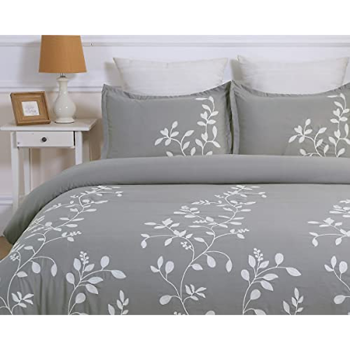 Dykoos Embroidered Soft Brushed Microfiber Duvet Cover Set, Floral Branches, Gray and White, King Size with Zipper Closure and Corner Ties, 1 Duvet Cover and 2 Pillow Shams