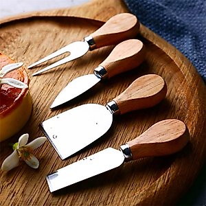 4pcs Cheese Knives Set Cheese Cutlery Steel Stainless Cheese Slicer Wood Handle Mini Knife,Butter Knife,Spatula& Fork Butter Cutter