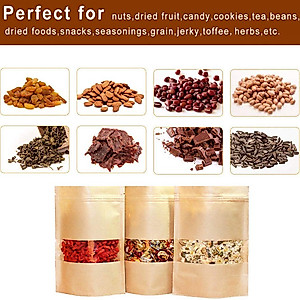 Kraft Heat Sealable Stand Up food Pouches Paper Mylar Bags With Clear Window And Zip Lock,Heavy Duty Decorative Resealable Recycled For DIY Homemade Chips Favor Cookies Christmas (50pcs 4x6+2.4 inch)