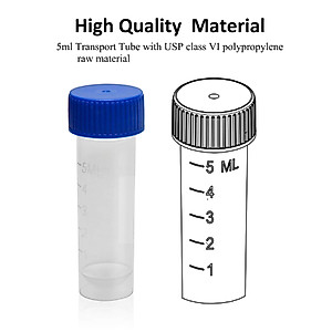 PEKYBIO Sterile Transport Tube, 5 ml Capacity, Molded Graduations, Conical Bottom, Self Standing, with Blue Screw Cap, Non- Pyrogenic, DN/RNase Free, Case of 200