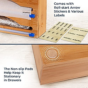 Foil Organizer for Drawer 15"- Long Bamboo Foil and Plastic Wrap Organizer, 3.8" tall 3 in 1 Wrap Dispenser with Cutter for Plastic Wrap, Tin Foil, Wax Paper up to 250 FT, Parchment Paper Up to 200 FT