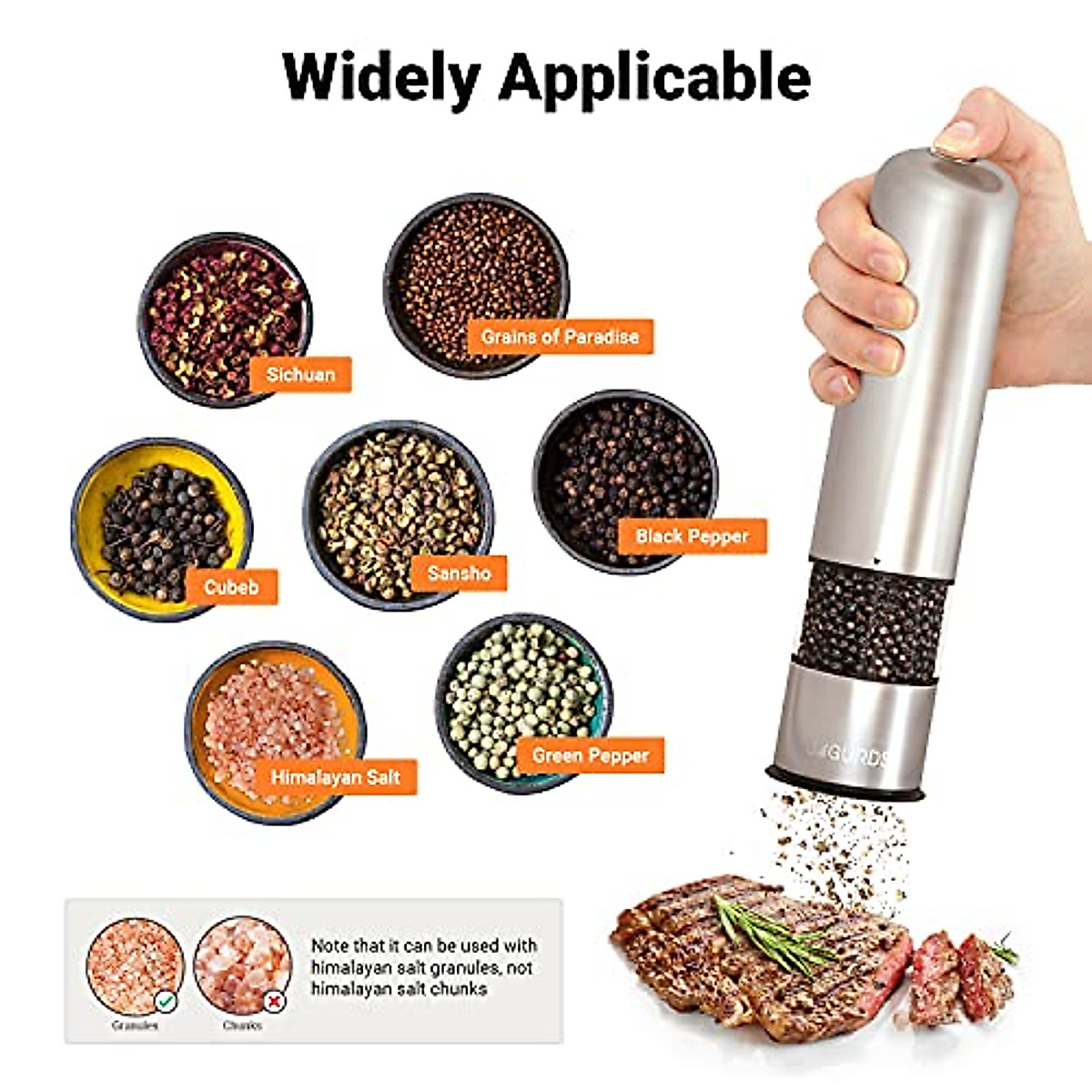Electric Salt and Pepper Grinder Set - Automatic, Refillable, Battery Operated Stainless Steel Pepper Mill and Salt Grinder with Light - One Handed Push Button Salt and Pepper Shakers