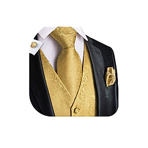 Dubulle Mens Suit Vest and Tie Set Paisley Floral Waistcoats for Men with Necktie Pocket Square Cufflinks Tuxedo Wedding,Gold,Large