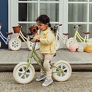 MomnLittle Retro Balance Bike(Green Olive) with Vegan Leather Seat and Handlebar Airless Tires for Ages 3~8 Years Boys Girls